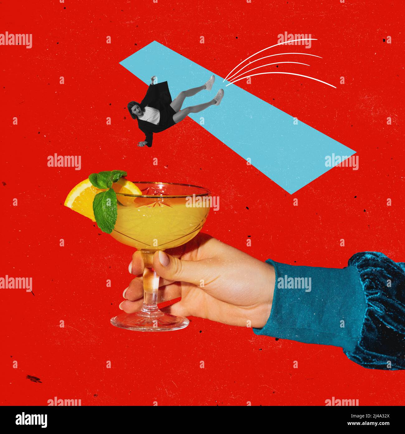 Contemporary art collage. Woman falling down into screwdriver cocktail ...