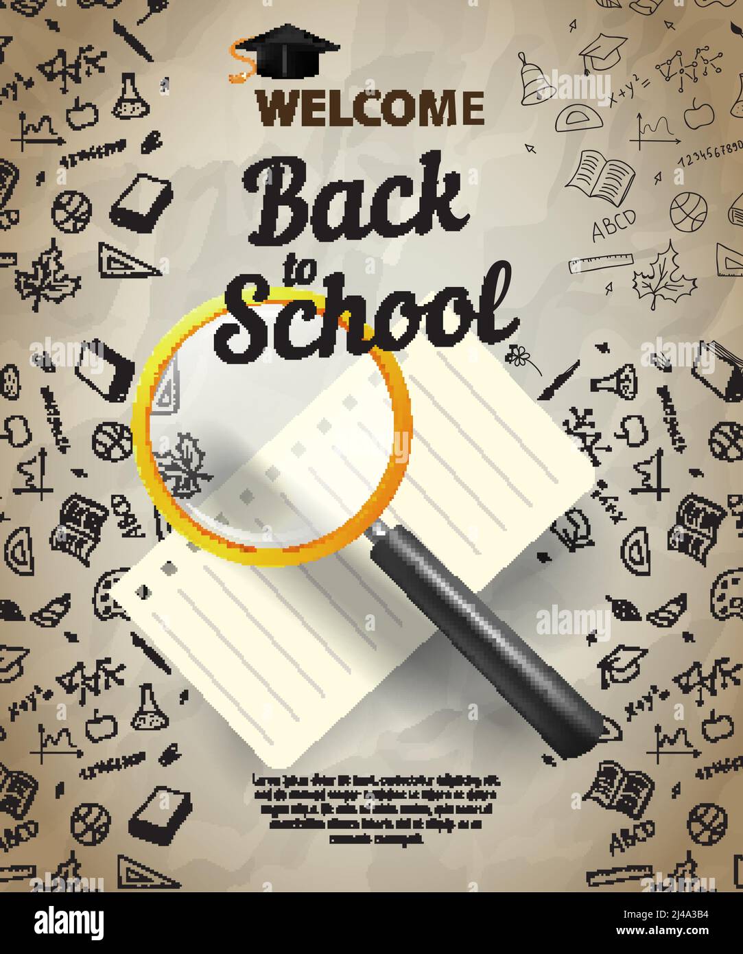 Welcome, back to school lettering with loupe and notebook sheet. Offer ...