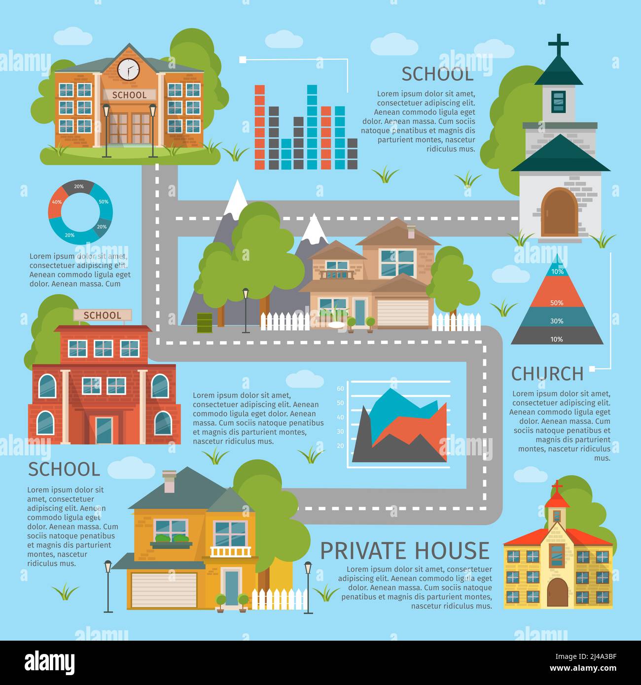 Colored building school church infographics with private houses ...