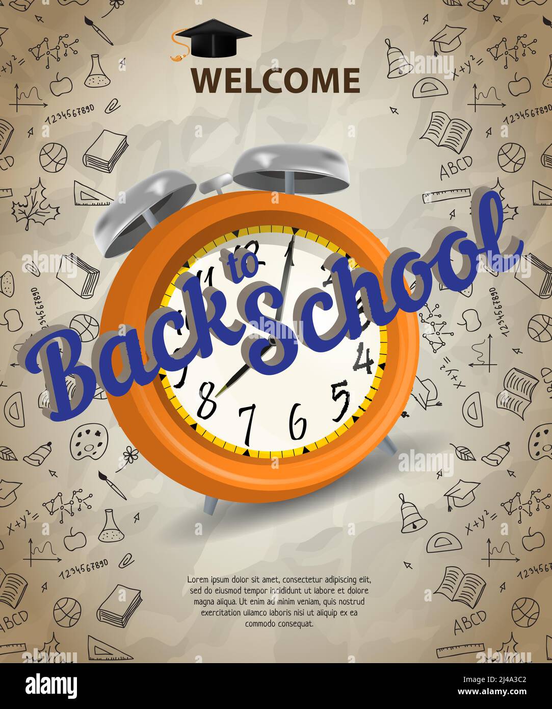 Welcome, back to school lettering with alarm clock. Offer or sale ...