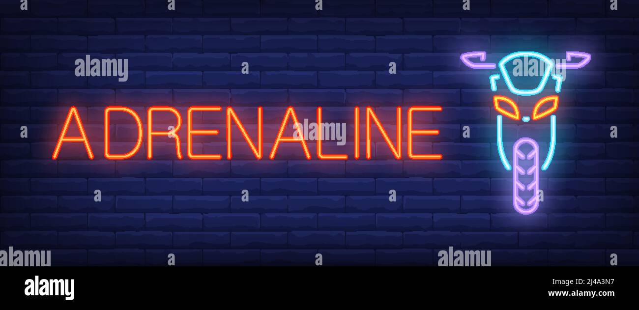Adrenaline neon style banner. Text and front view of scooter on brick ...