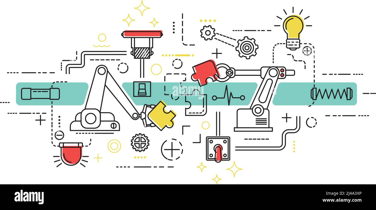 Assembly line art with isolated elements and icons combined in colored ...