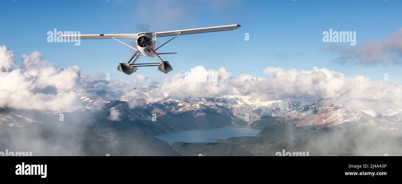 Single Engine Seaplane Flying over the Rocky Mountain Landscape ...