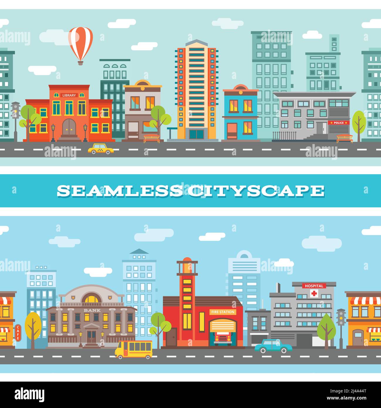 City buildings horizontal banners with colorful houses road transport ...