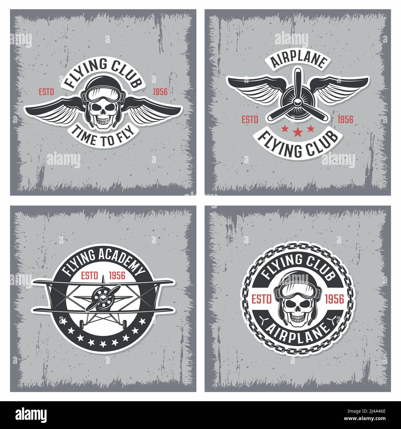 Four square airplane icon set with emblems of flying club and flying ...