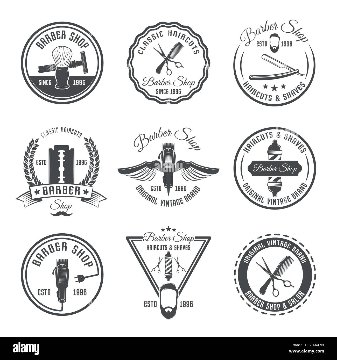 Gray barber emblem or label set with different shapes and hairdressing ...
