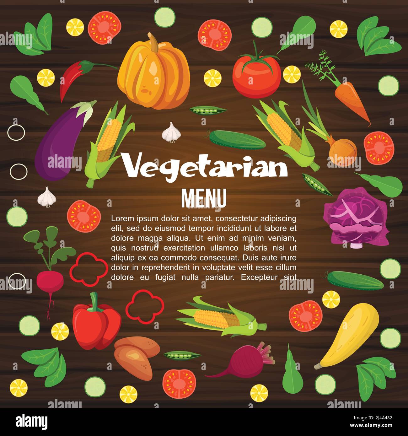 Vegetables flat colored menu or flyer for vegetarian veggies on wooden ...
