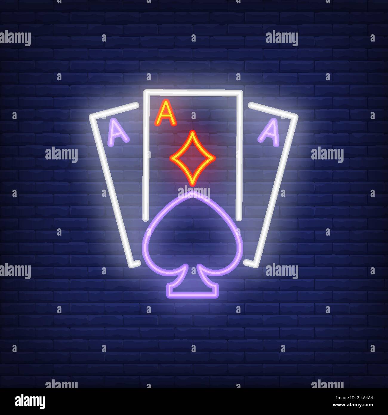 Playing ace cards neon sign. Diamond, spade, brick wall. Night bright ...