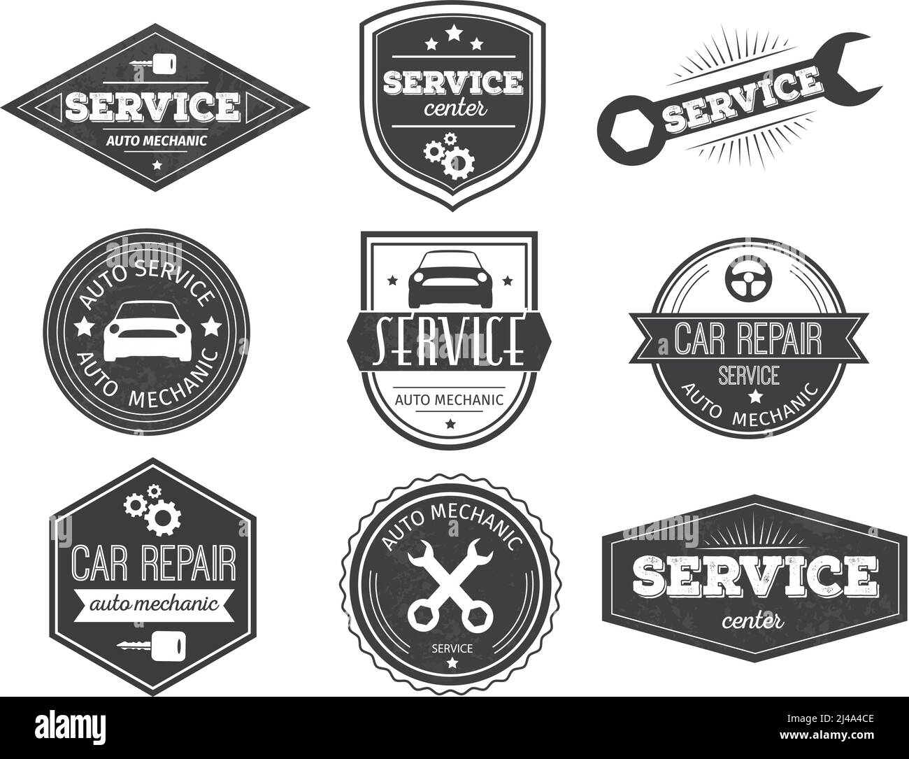 Auto service black white emblems with car steering wheel wrench gears ...