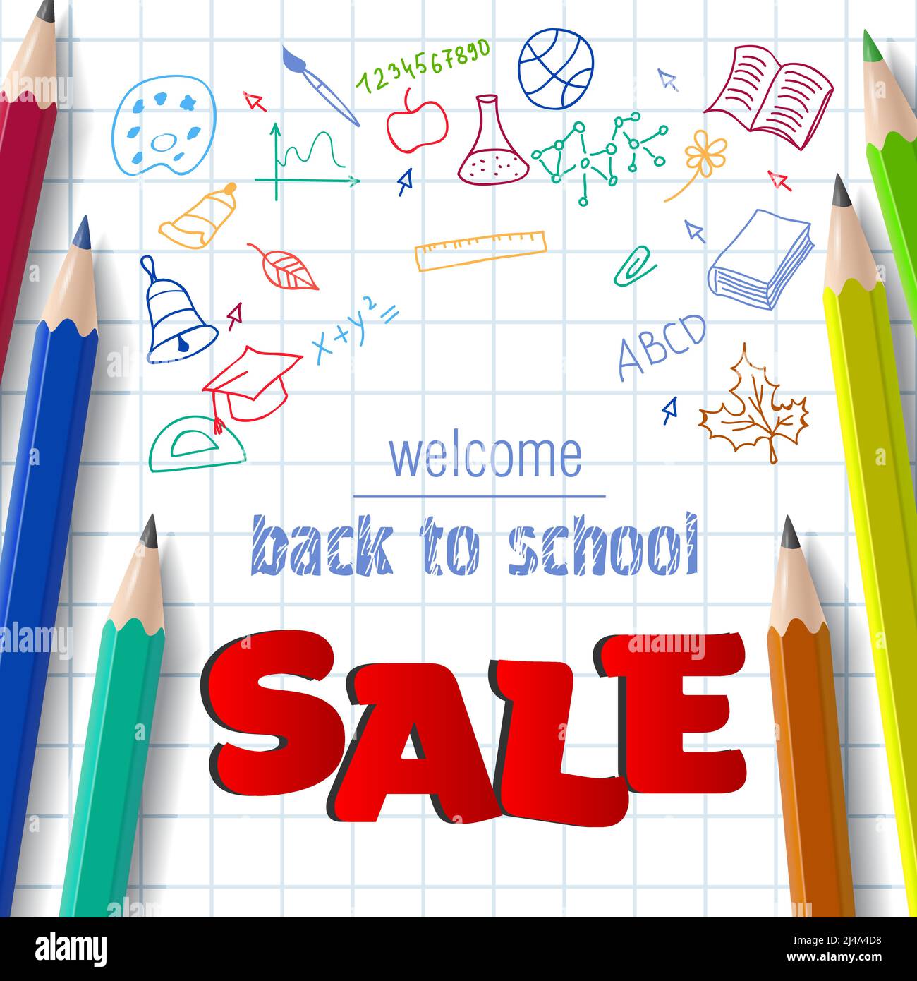 Welcome, back to school, sale lettering with doodle drawings. Offer or ...