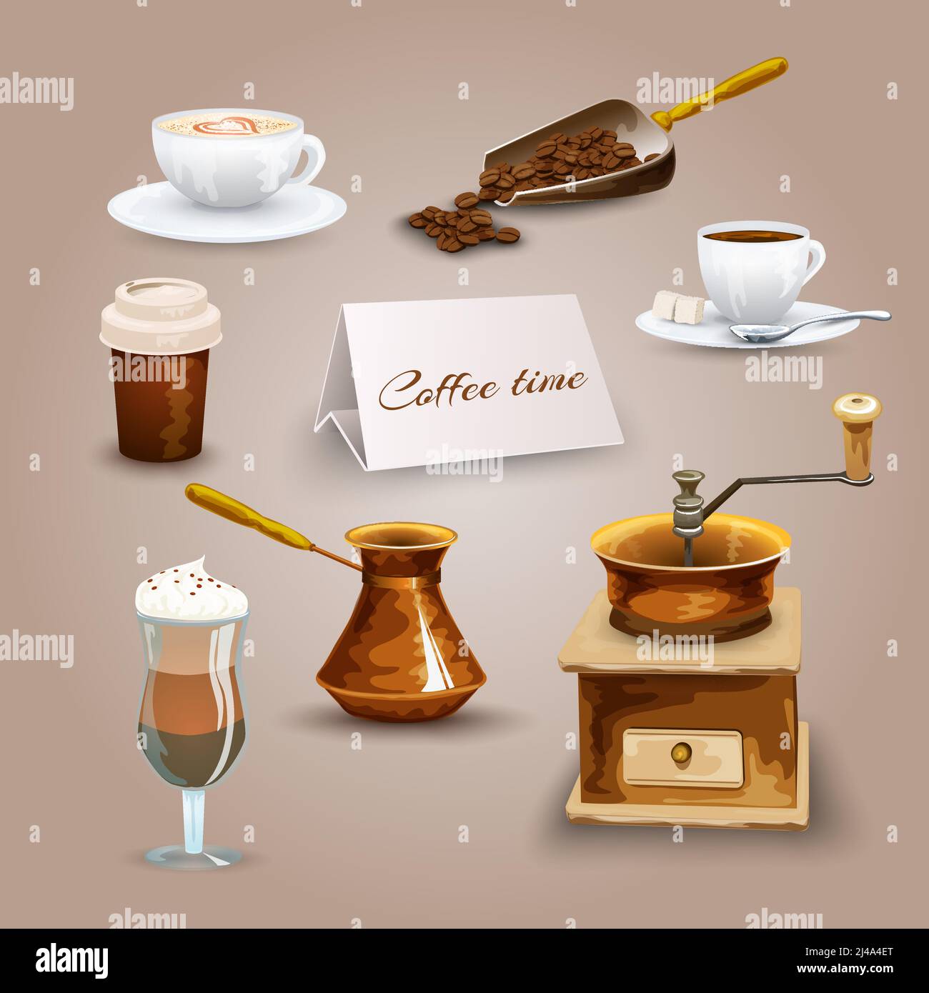 Coffee decorative icons set with retro grinder turk beans isolated ...