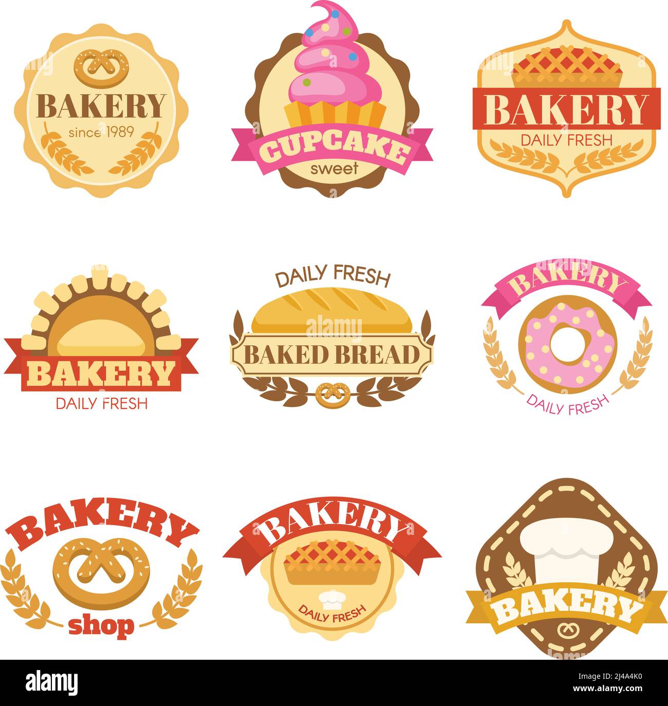 Bakery colorful flat emblems with wheat pie cupcake bagel bread donut ...