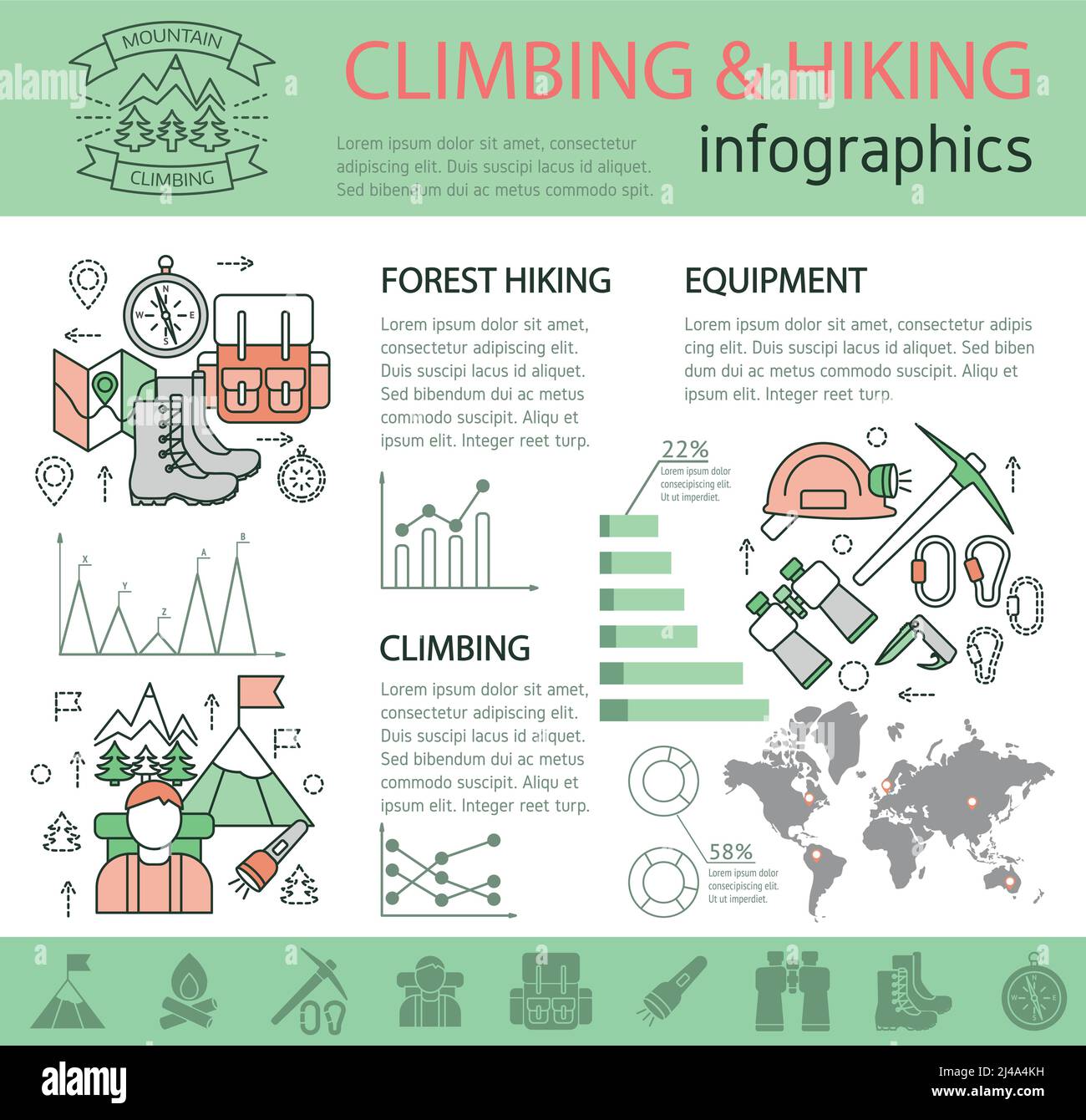 Climbing and hiking linear infographics with mountain equipment world ...