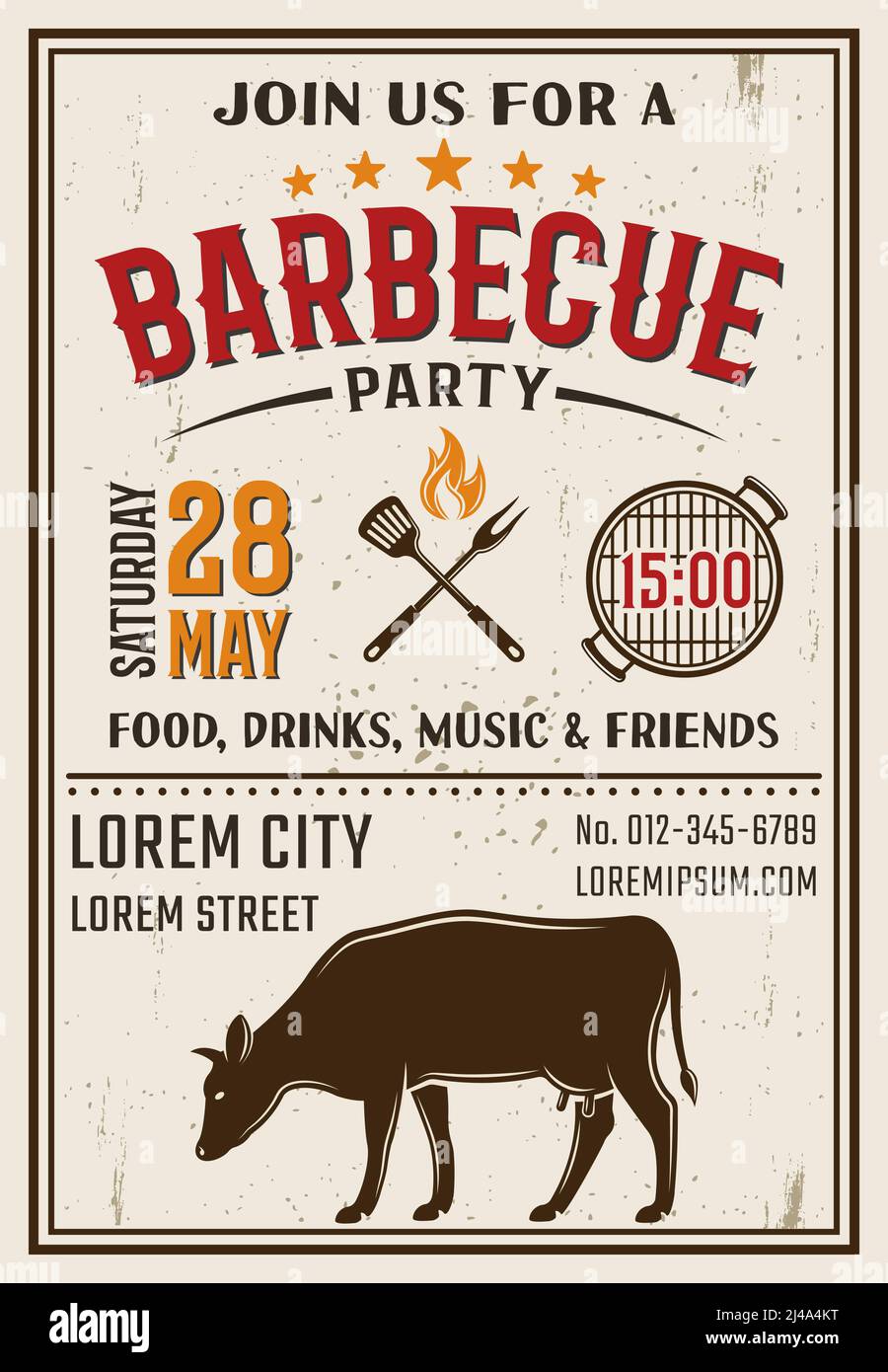 Barbecue party retro style poster with cooking tools in center on white ...