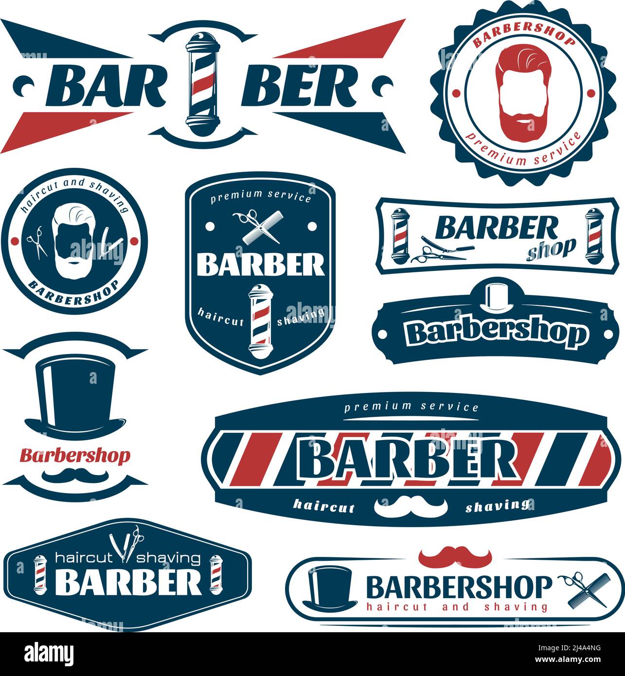 Barber blue red labels with razor comb scissors hat male face mustache ...
