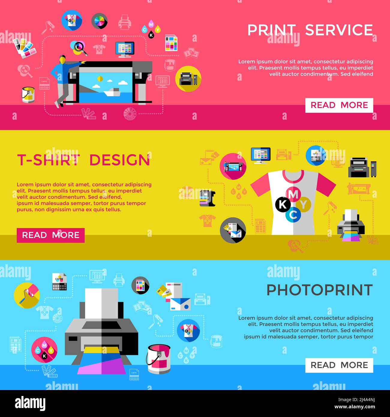 CMYK banner set with headlines print service t shirt design an ...