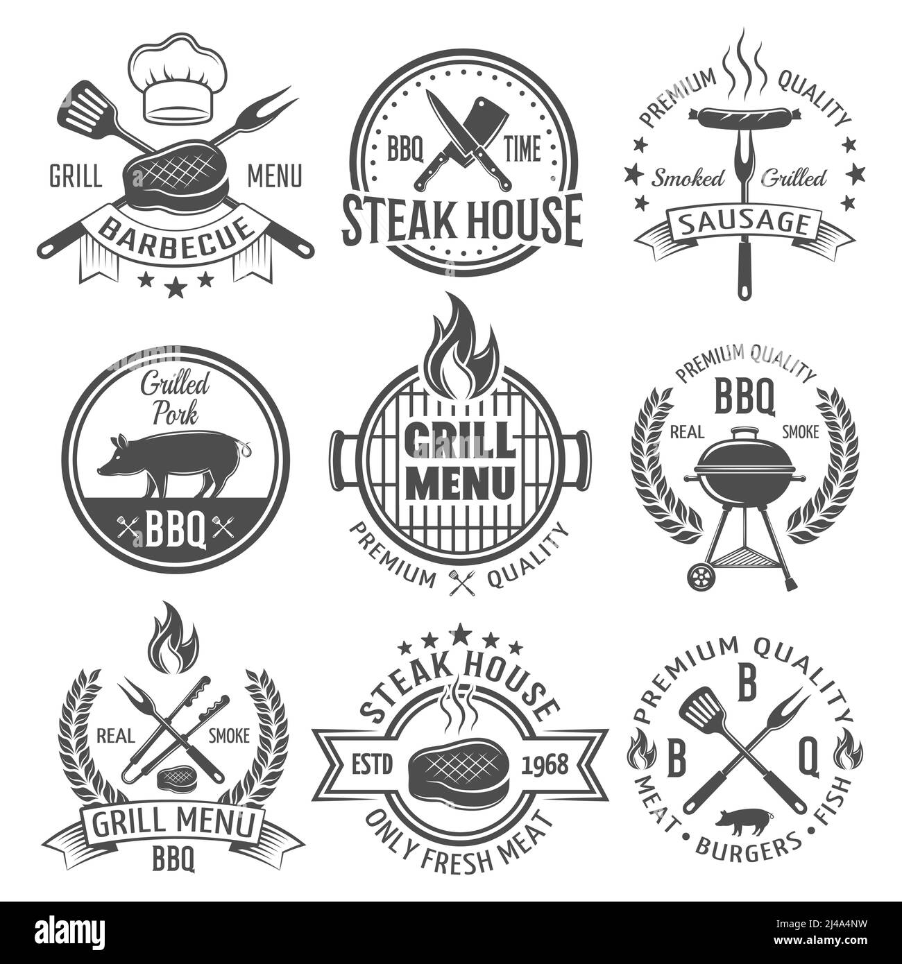 BBQ graphic flat emblems with grill tongs forks spatulas roasted meat ...