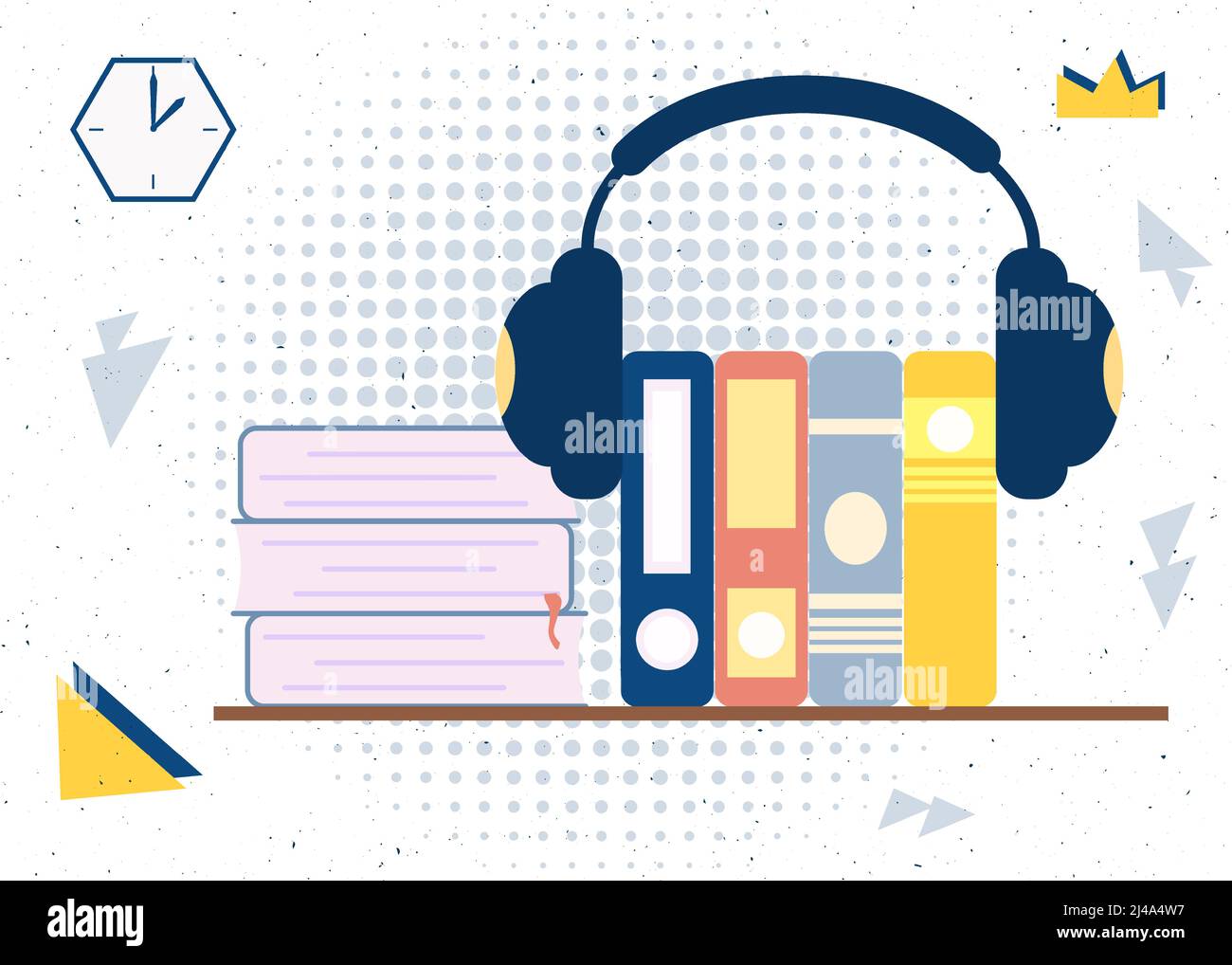 Audiobooks stack of books in headphones vector illustration concept ...