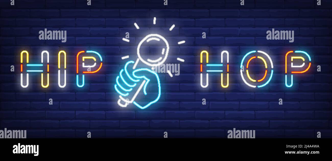 Hip hop neon style banner. Text and hand holding microphone on brick ...