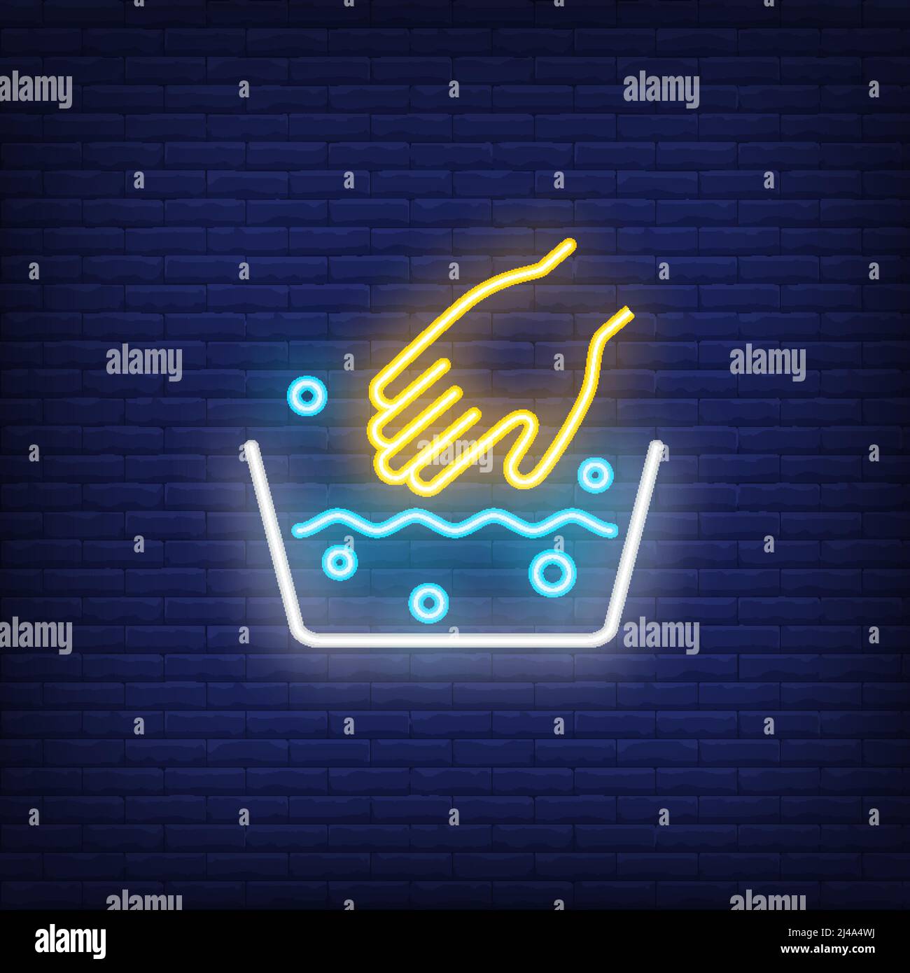 Basin with soapy water and hand neon sign. Laundry and housework ...