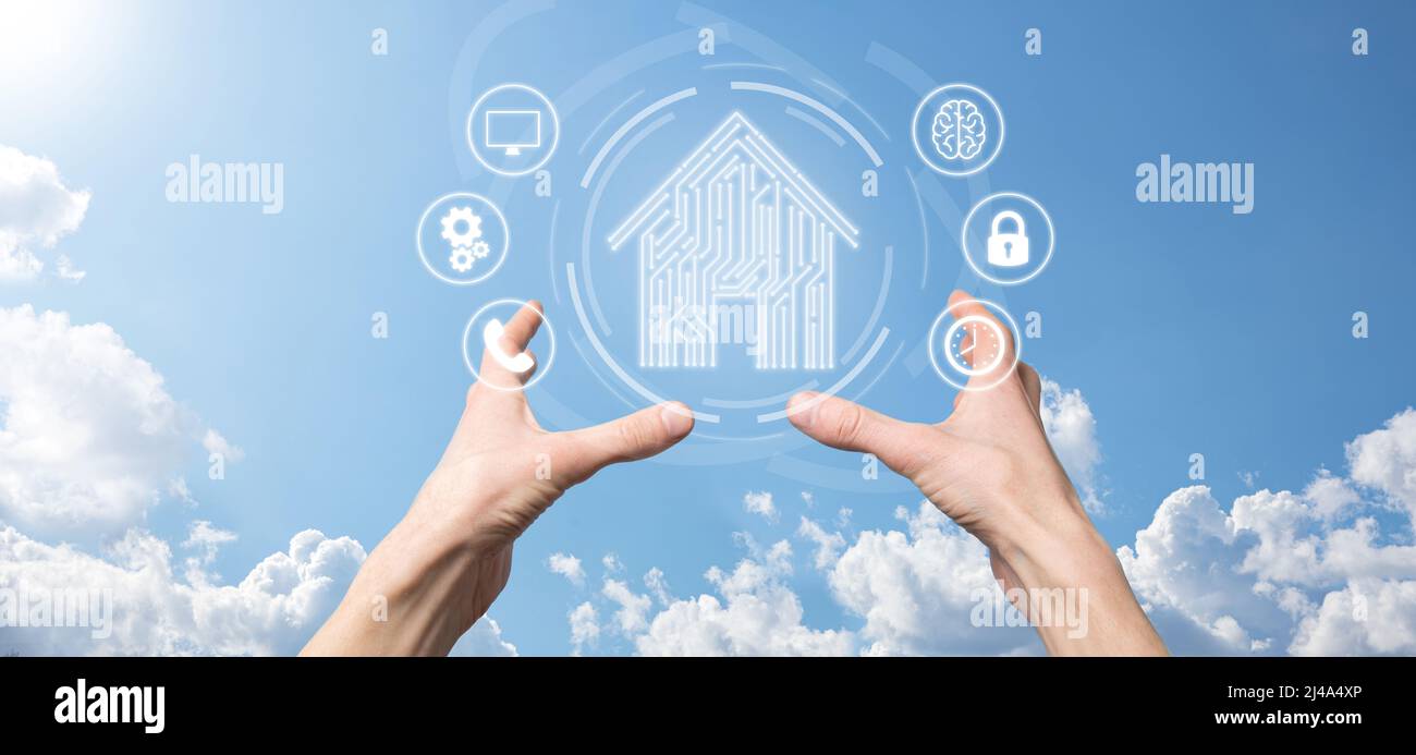 Hand hold house icon.Smart home controlled, intelligent house, and home ...