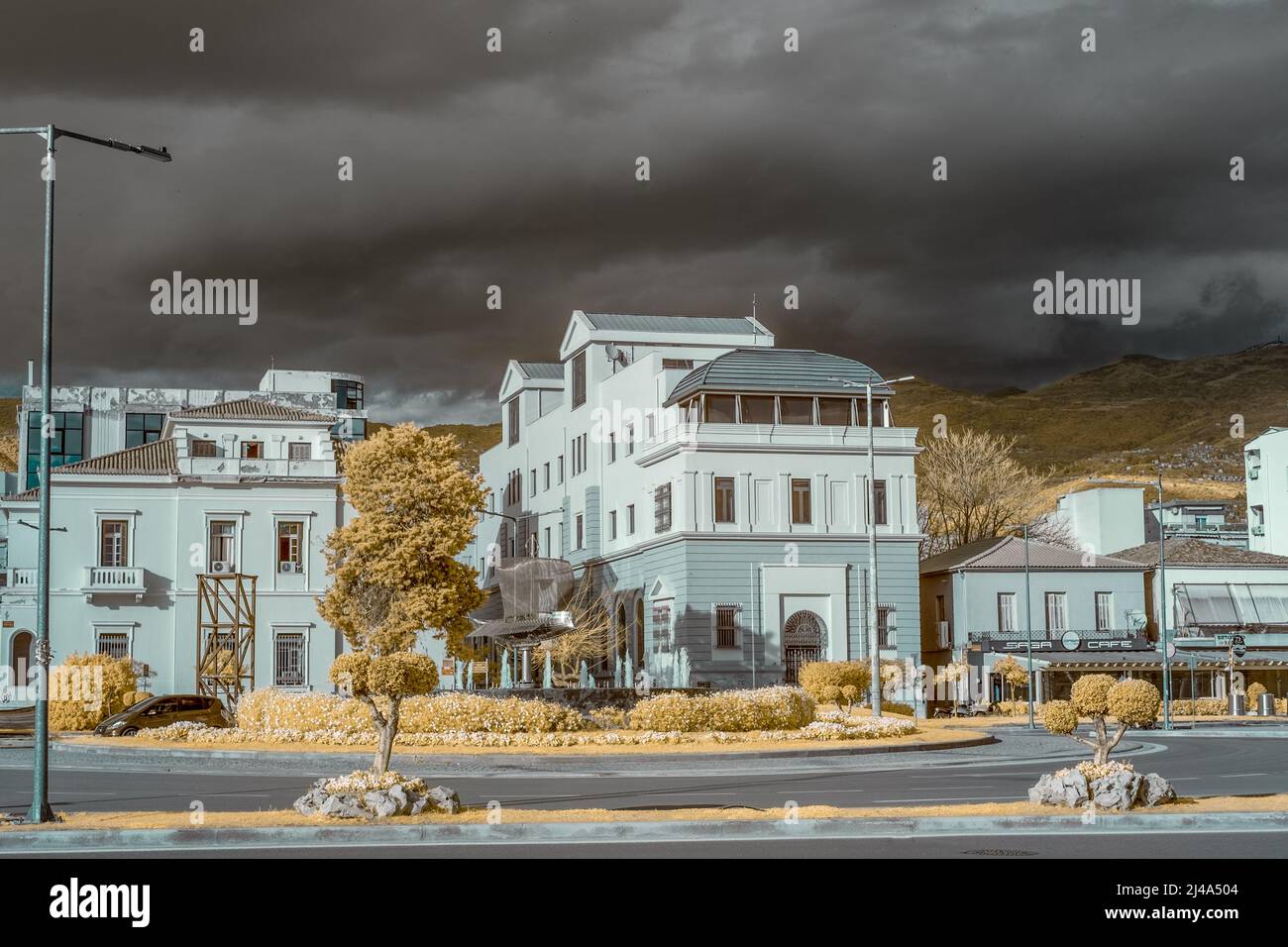 Infrared roundabout in the entrance of Volos city , Greece with a ...