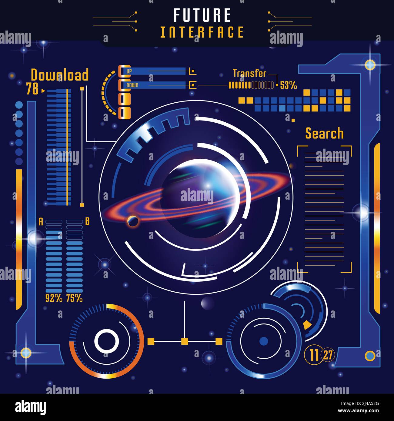 Abstract future interface composition with colored planet in digital ...