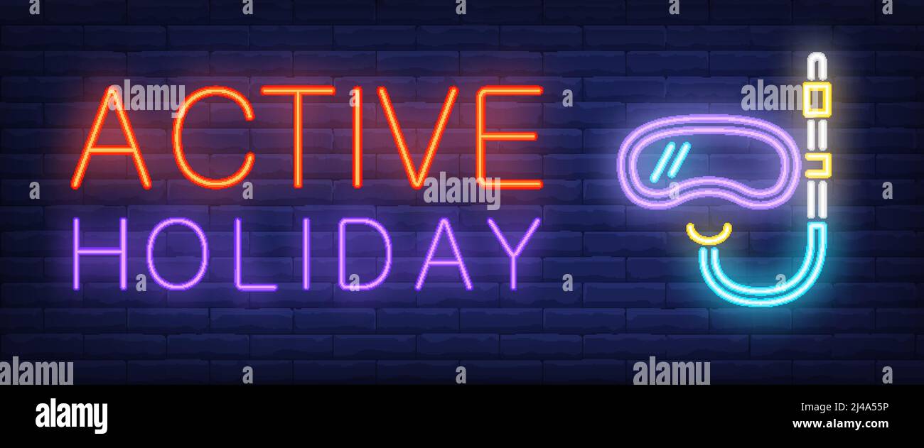 Active holiday neon text with diving mask and snorkel. Summer vacation ...