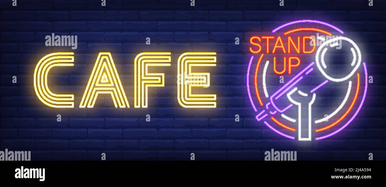 Cafe Stand Up neon sign. Glowing bar microphone in circle frame on ...