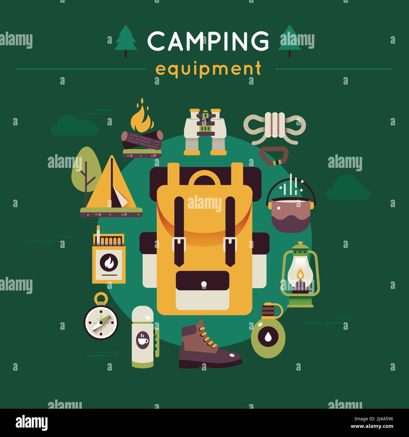 Camping green color composition with icon set on hiking and camping ...