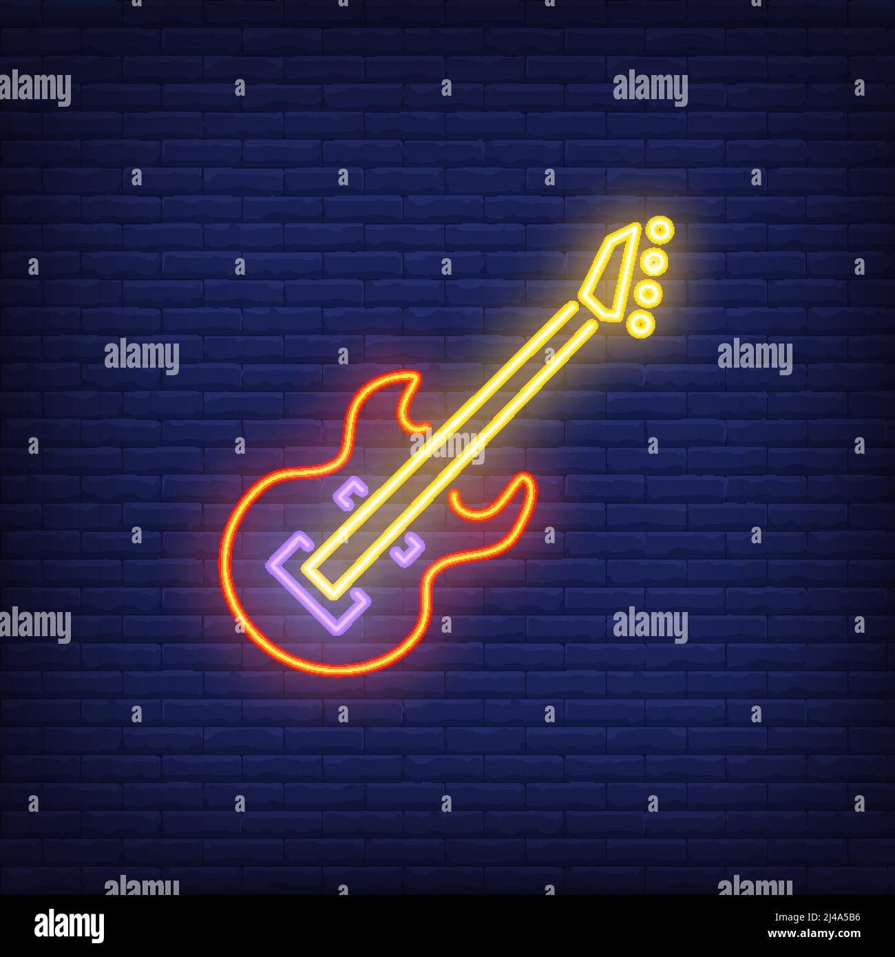 Bass guitar neon sign. Glowing colorful musical instrument on brick ...
