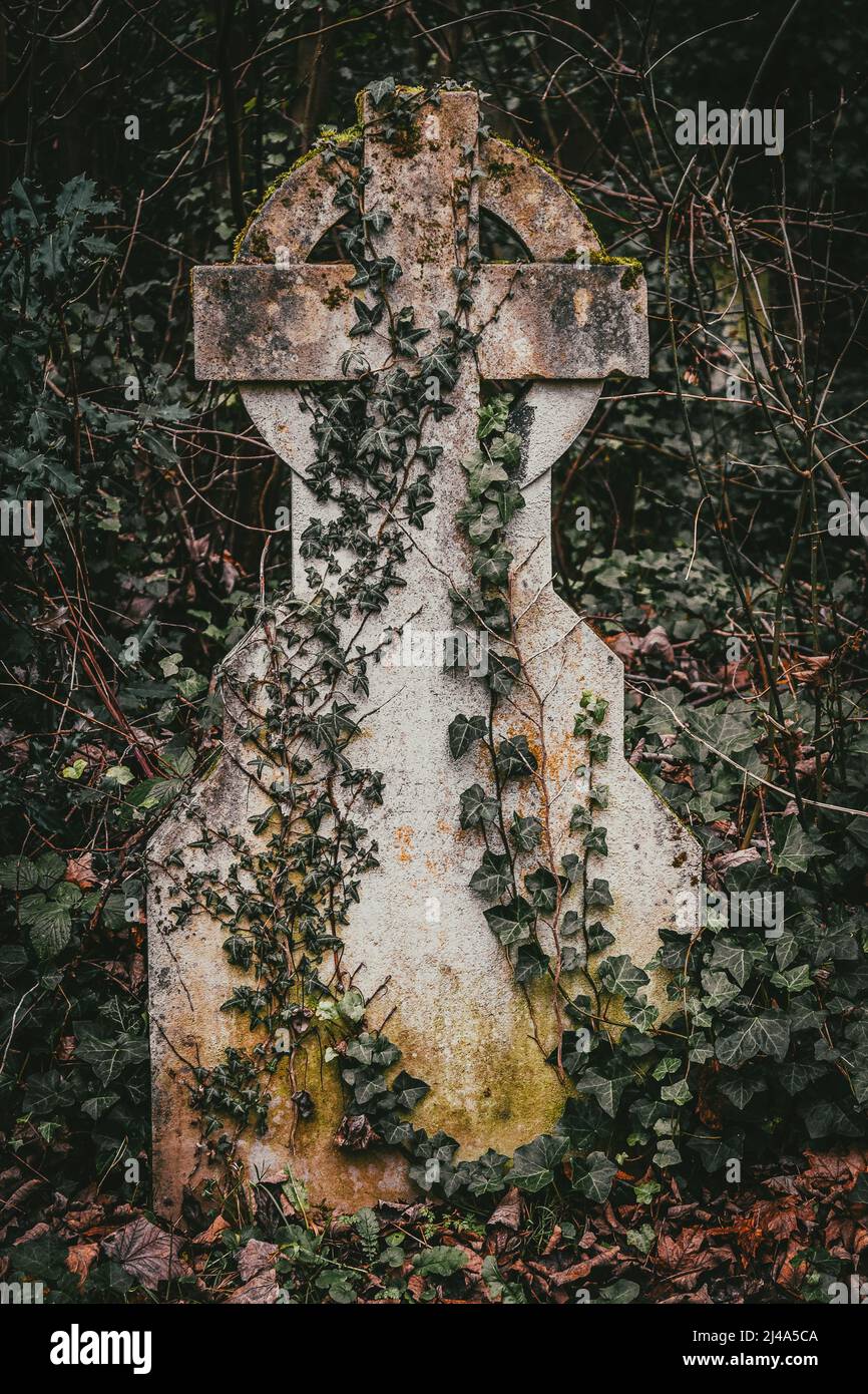 Dilapidated overgrown gravestone, Nunhead Cemetery, London, England, UK ...