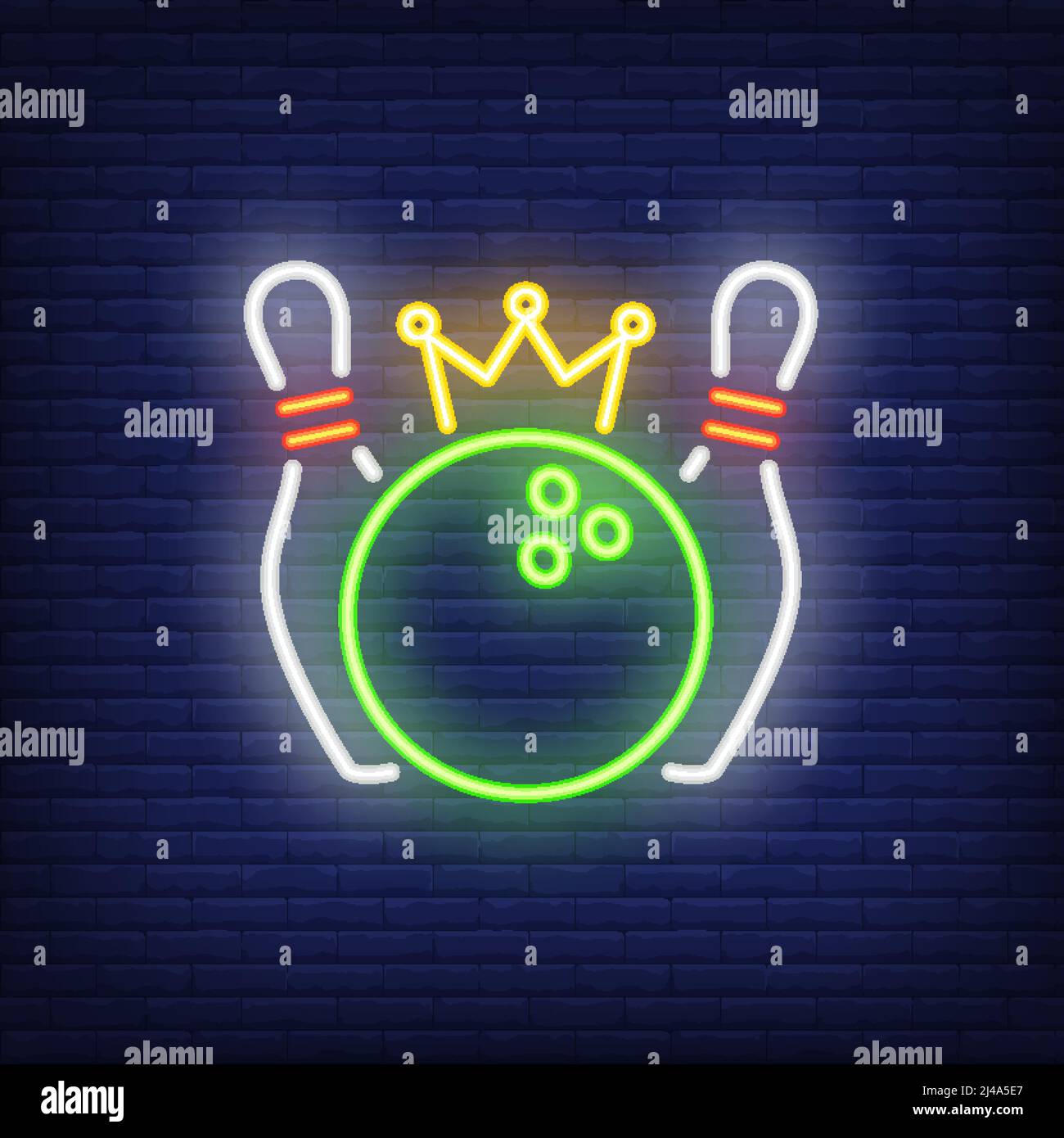 Bowling competition neon sign. Bowling pins and green ball with crown ...