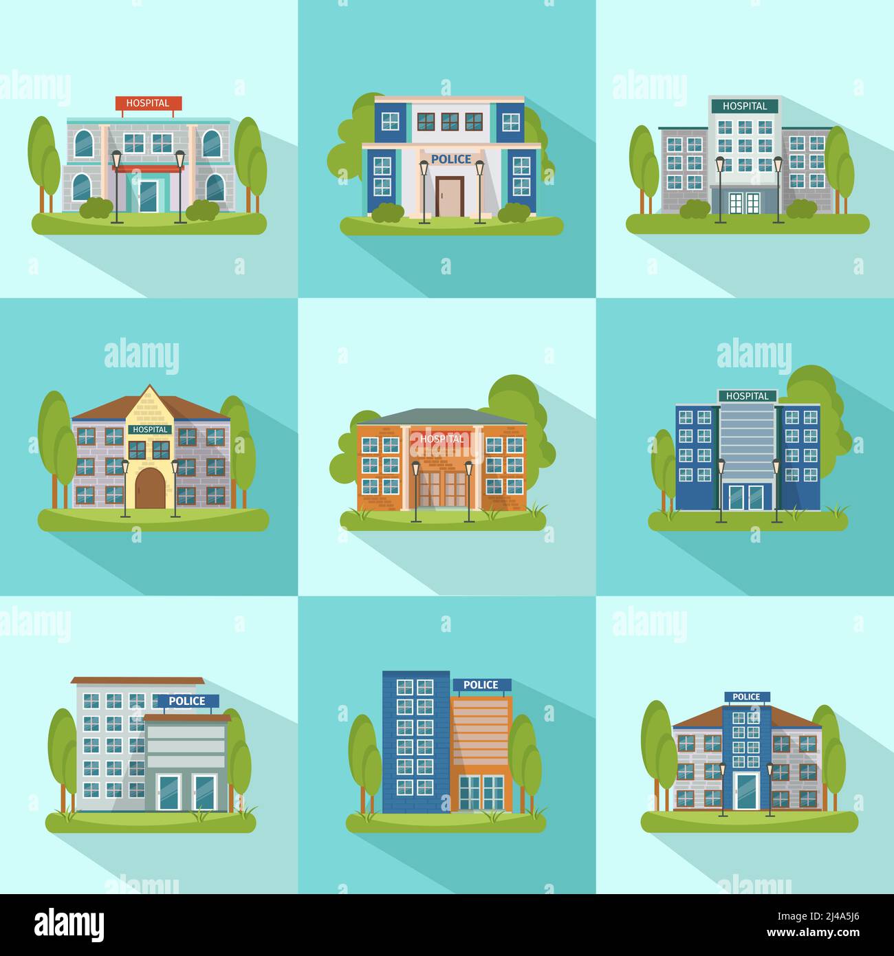 Square city buildings icon set with shadows isolated and flat different ...