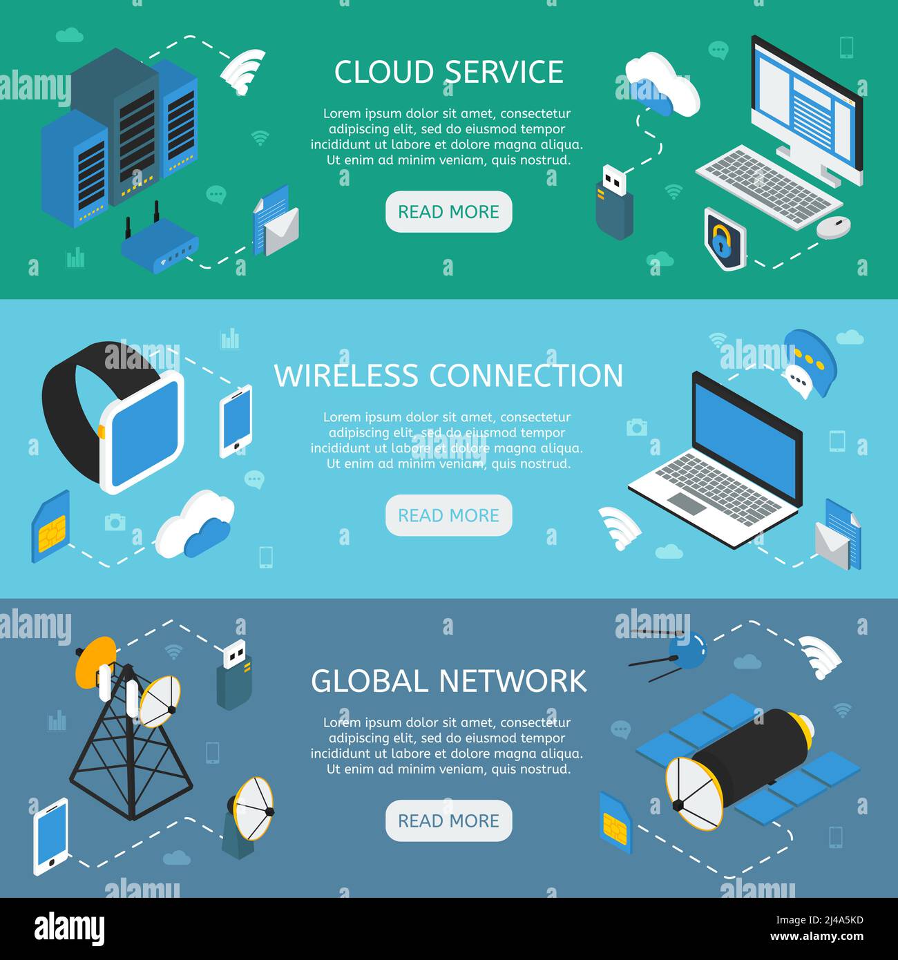 Wireless technology horizontal isometric banners with cloud service ...