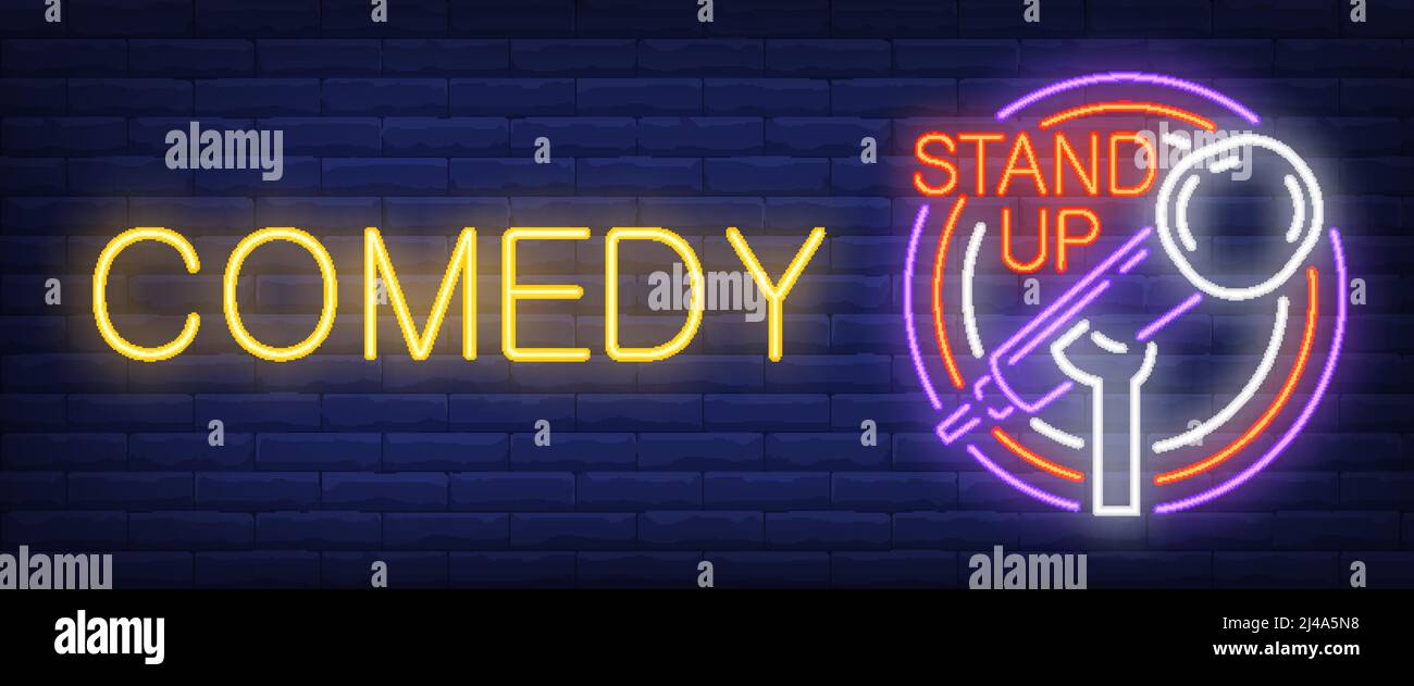 Comedy neon sign. Glowing bar microphone in circle frame on brick ...
