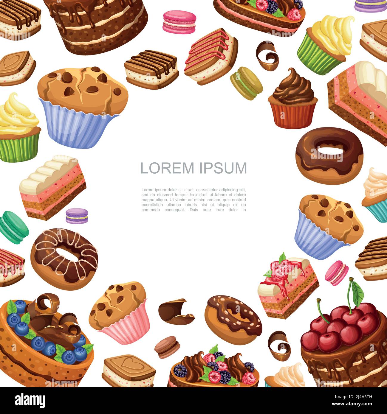 Cartoon cakes and desserts background with macaroons donuts muffins ...