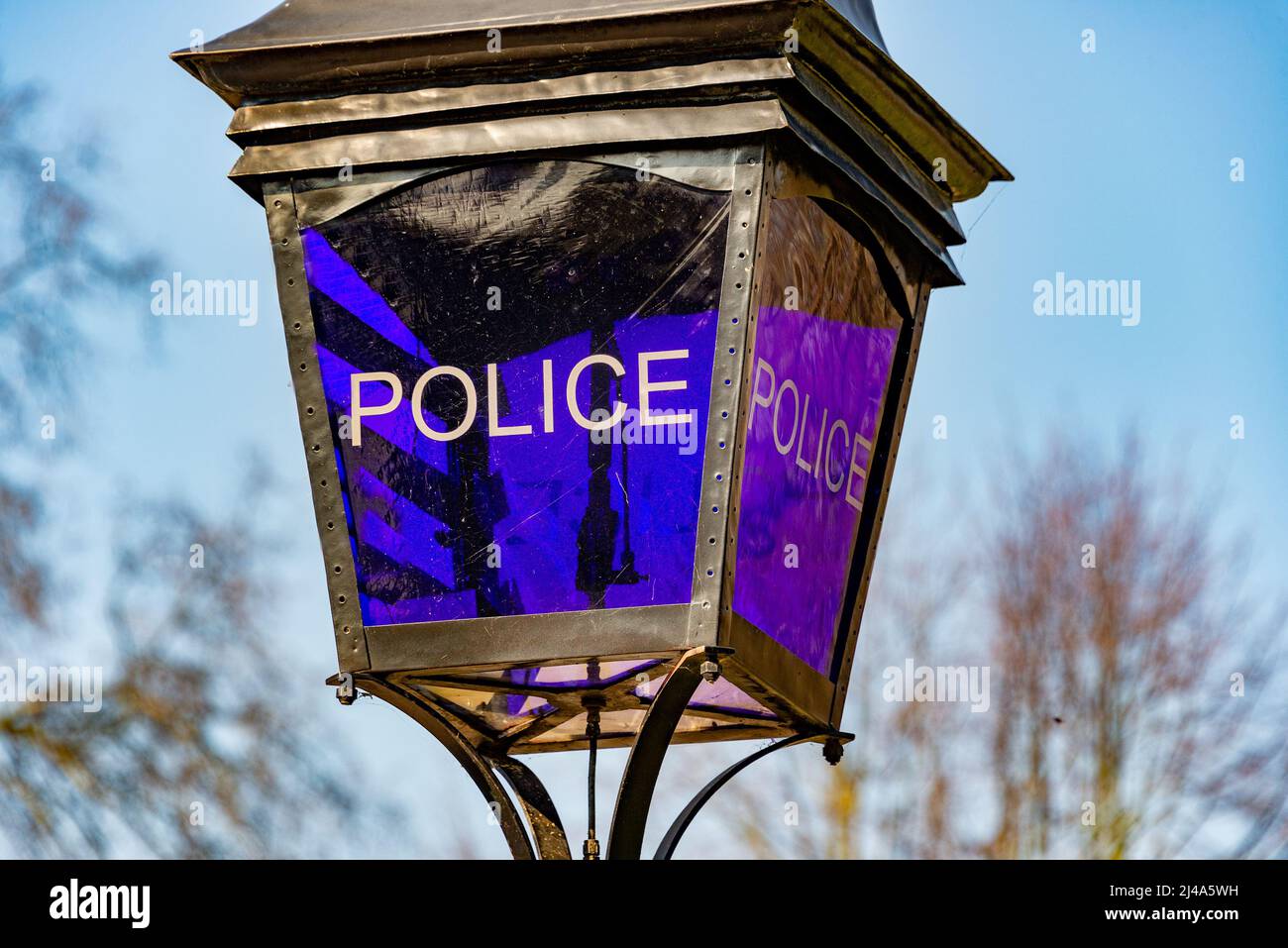 A police sign and blue lamp, Hyde Park, London, England, UK Stock Photo ...