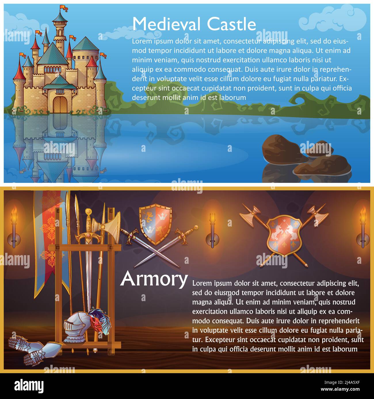 Attributes of knight compositions with medieval castle and heraldic ...