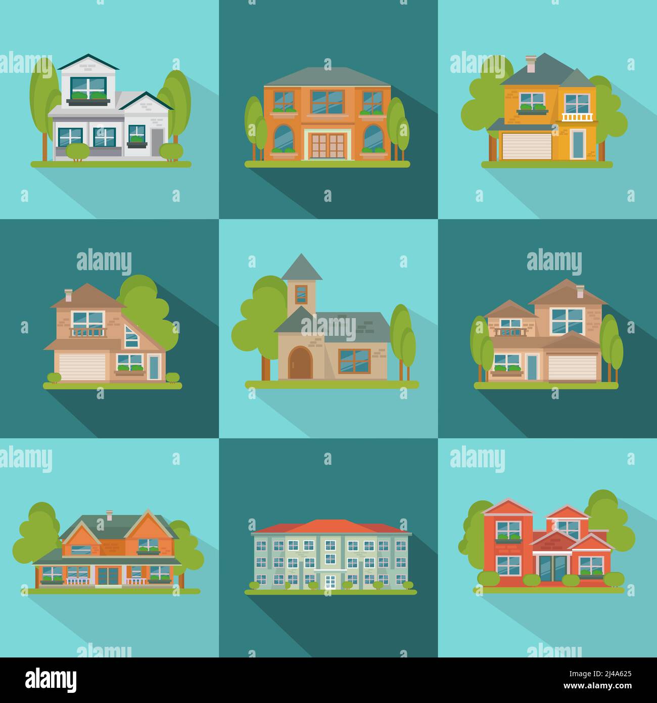 Square isolated buildings flat icons set on blue and light blue ...
