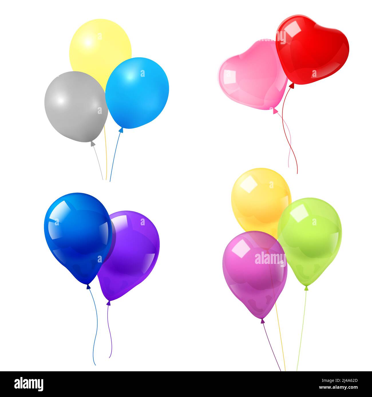 Colorful festive balloons heart and oval shape bunches sets 4 flat ...