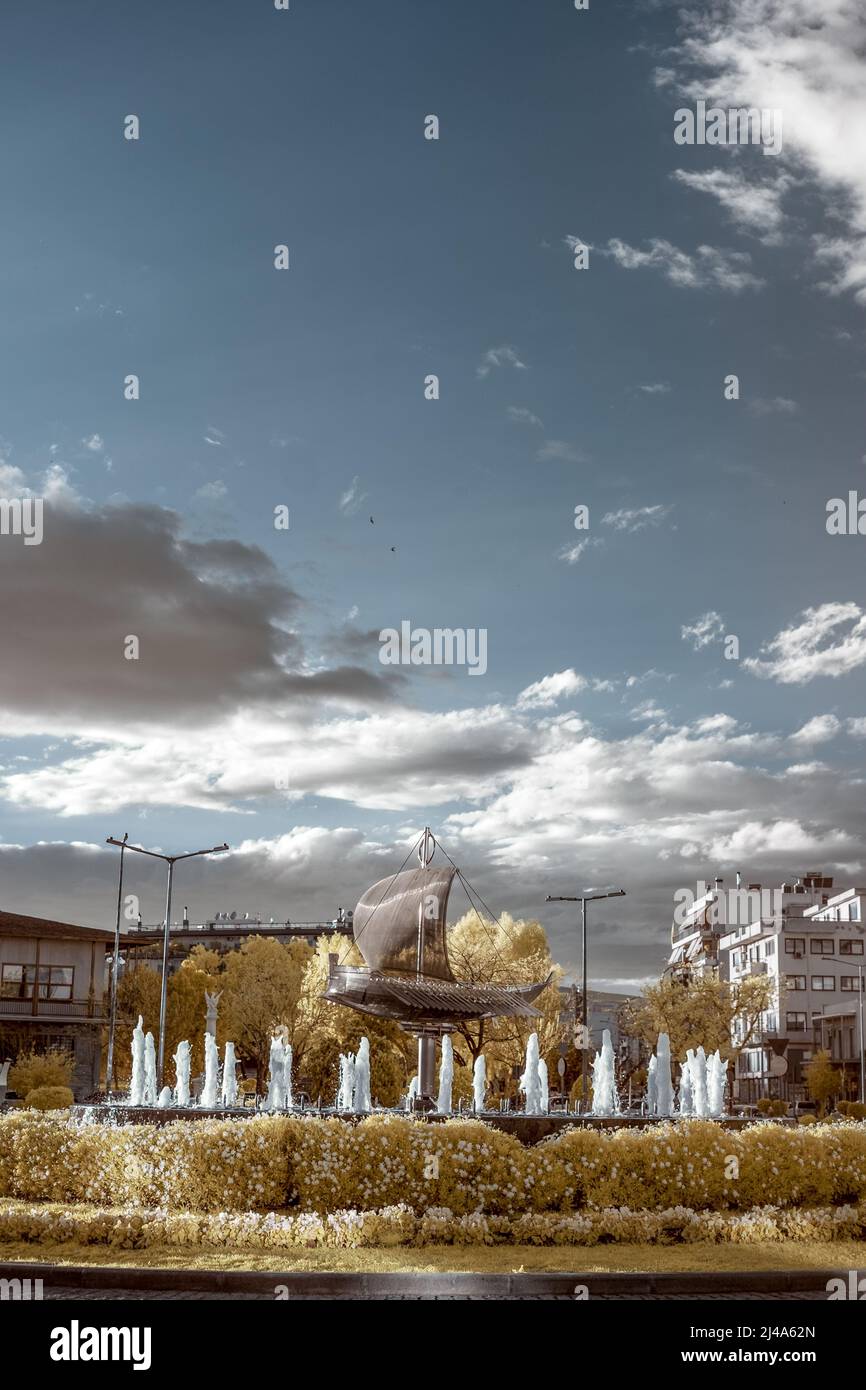 Infrared roundabout in the entrance of Volos city , Greece with a ...