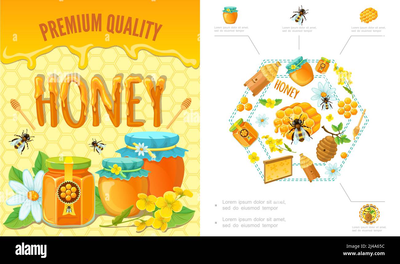 Cartoon beekeeping colorful concept with bees honeycomb hive clipper ...