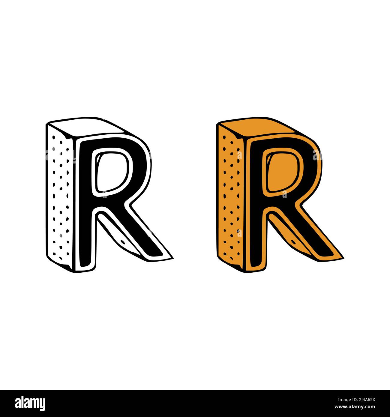 Isometric letter r doodle vector illustration on white background ...