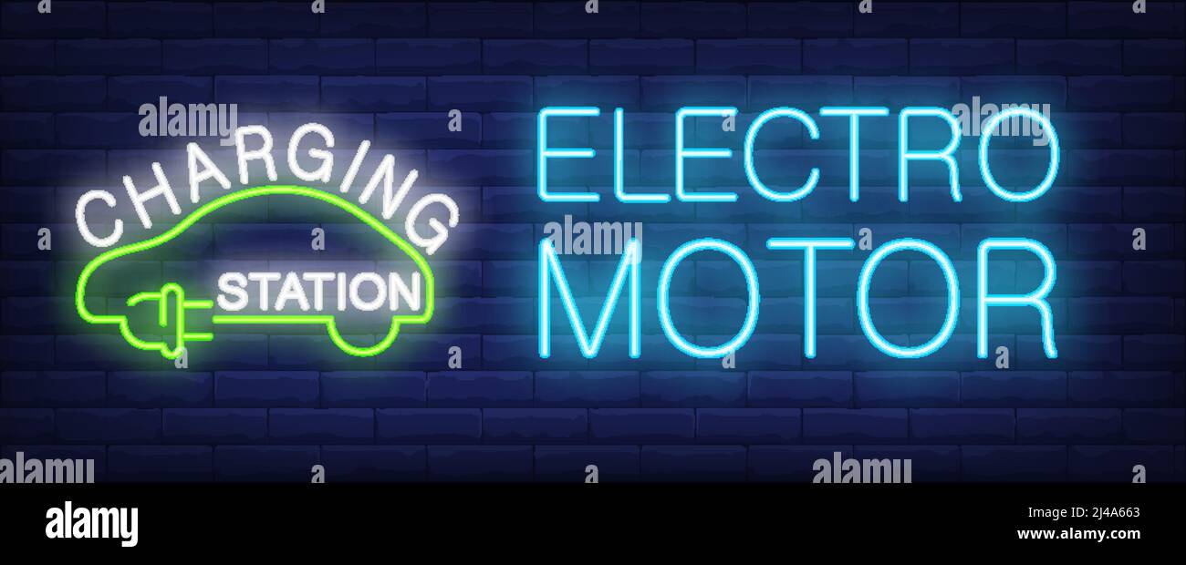 Electromotor charging station neon sign. Green electric vehicle with ...