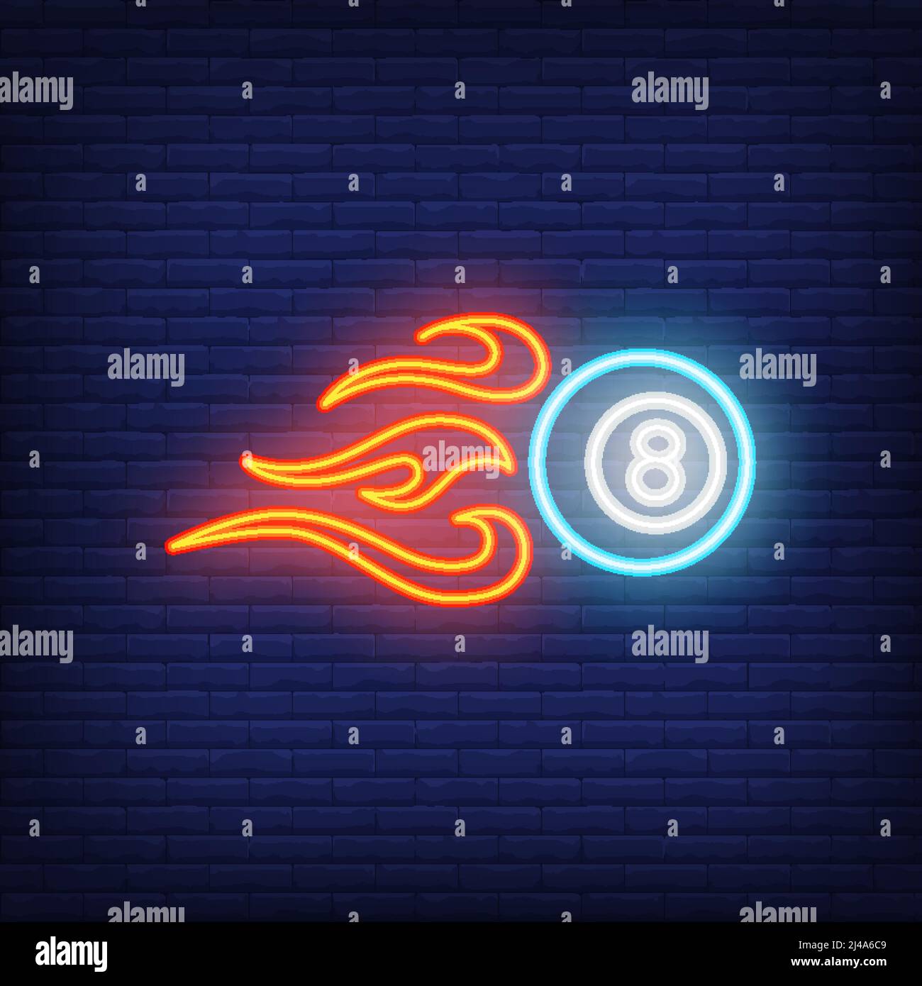 Firing billiard ball neon sign. Eight-ball with flames behind. Night ...