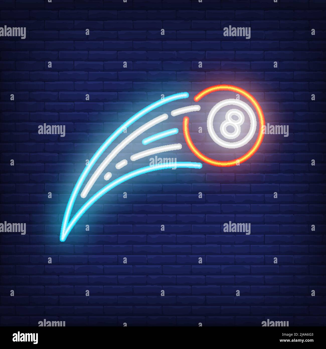 Flying billiard ball neon sign. Glowing ball with track way. Night ...