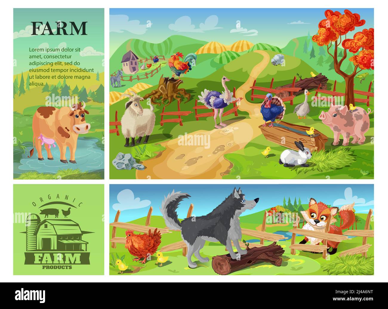 Cartoon farm animals composition with cow goat pig sheep rooster rabbit ...