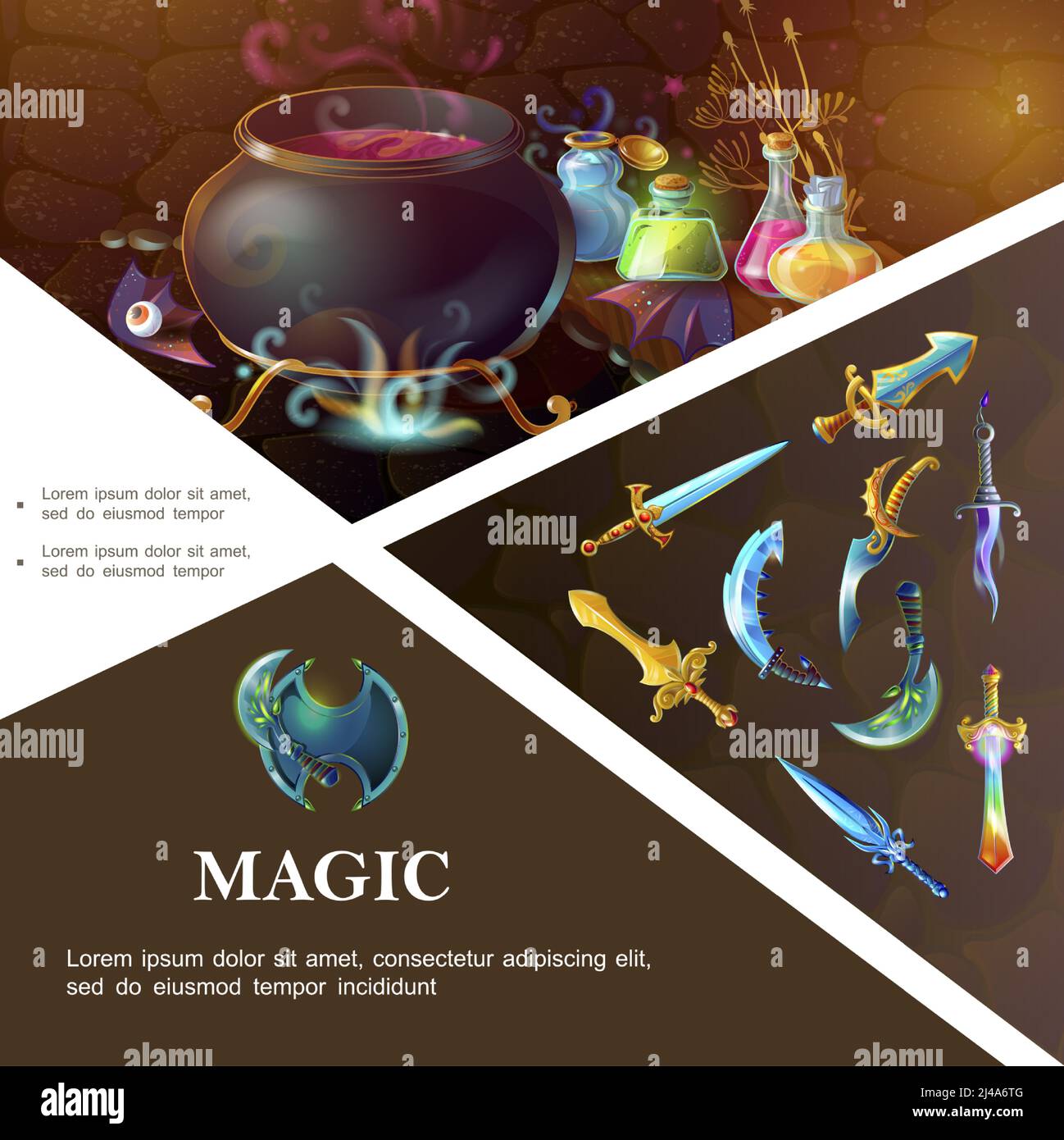 Cartoon game elements template with shield swords sabres daggers witch ...