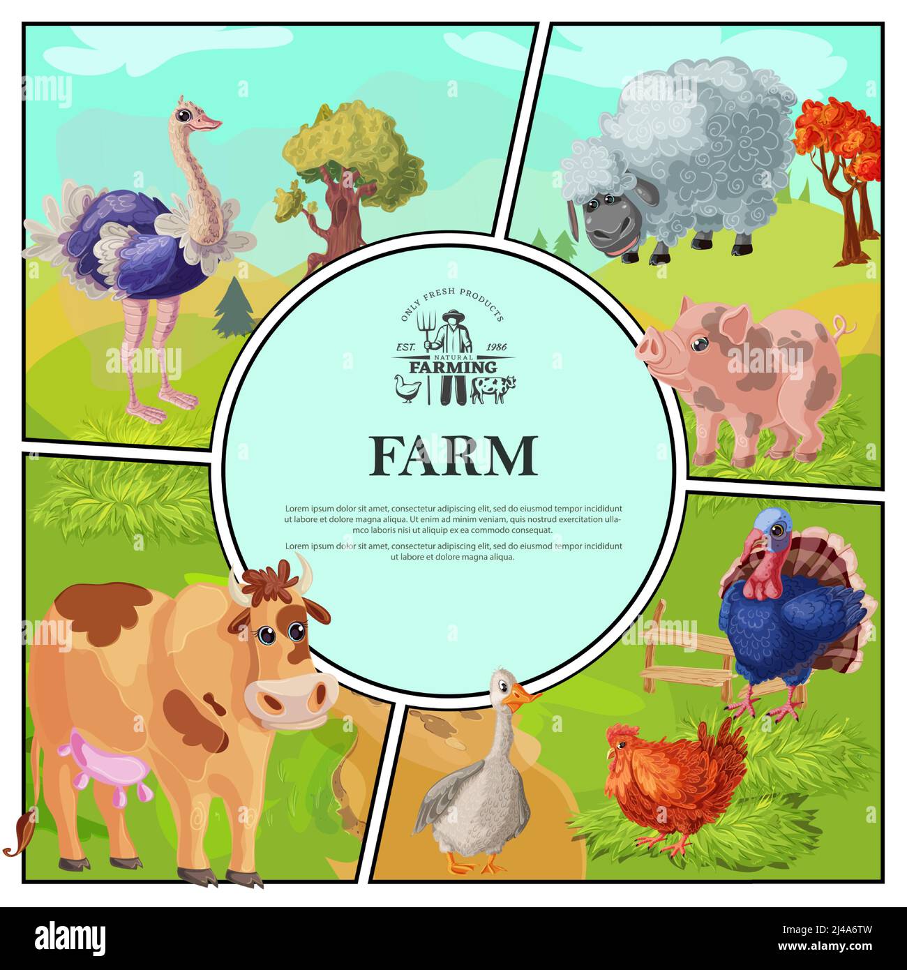 Cartoon farm colorful composition with ostrich sheep pig cow goose ...